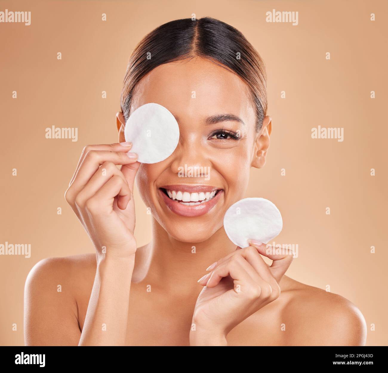 Face, cotton pad and woman with makeup, dermatology and happiness ...