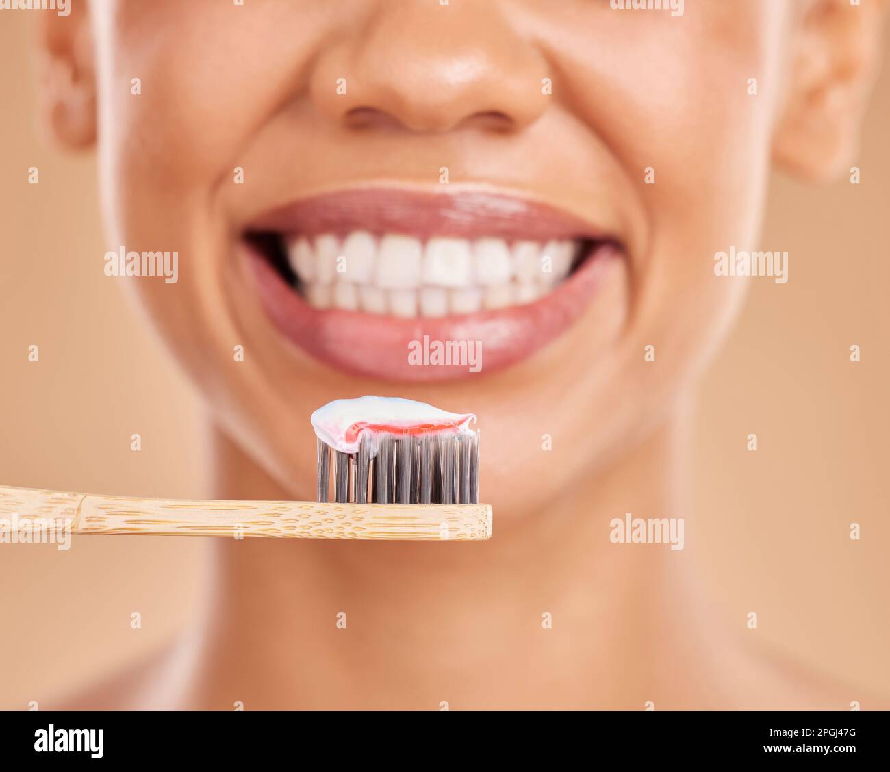 Woman, teeth and big smile with toothbrush for dental care, hygiene or ...