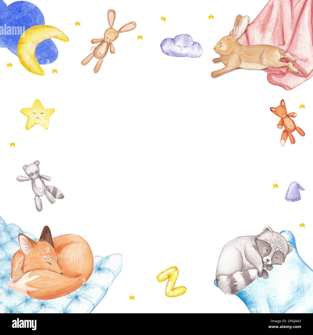 Round frame with cute sleeping animals on a white background ...