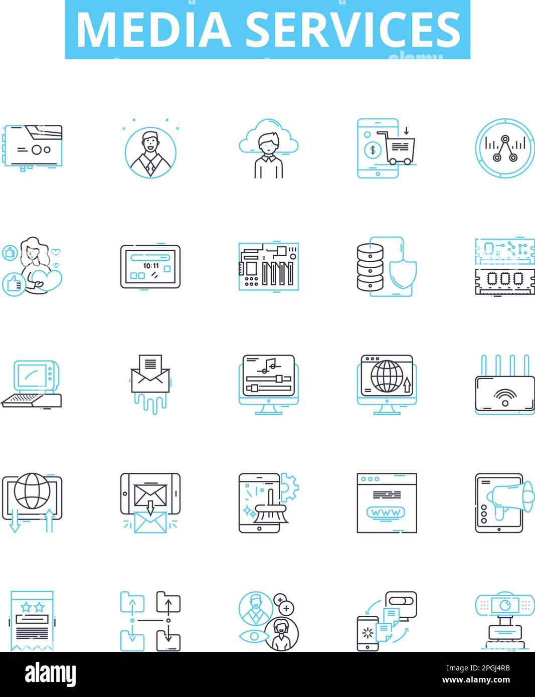 Media services vector line icons set. Broadcasting, Streaming, Advertising, Publishing ...