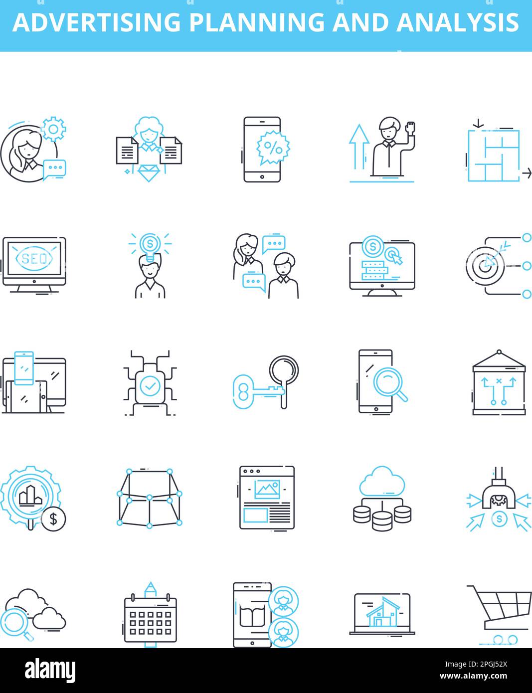 Advertising planning and analysis vector line icons set. Advertising ...