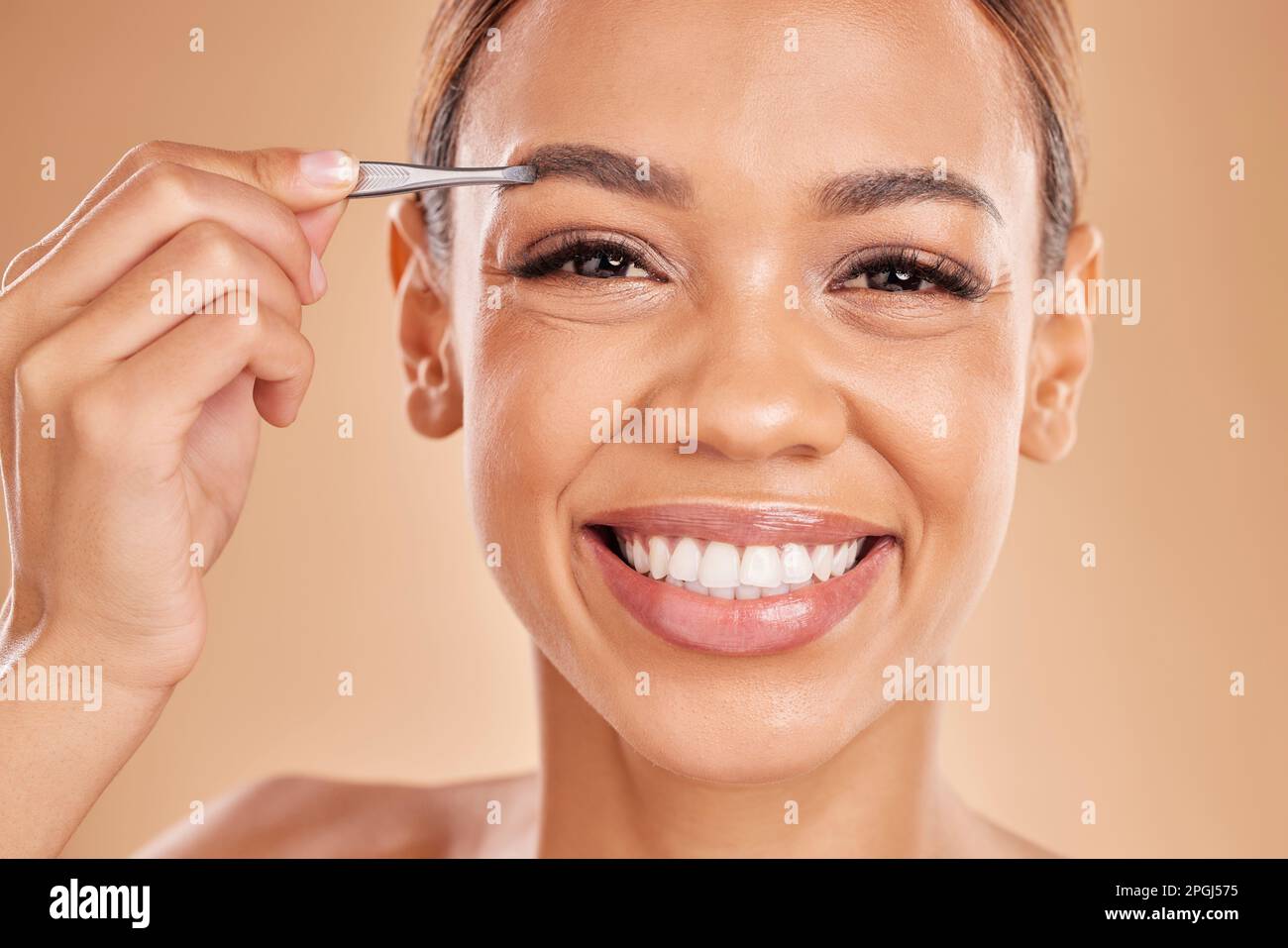 Woman Face And Tweezer On Eyebrow For Skincare Beauty Grooming Or
