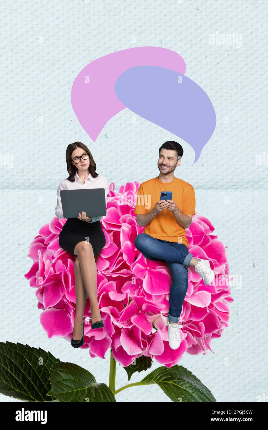 Collage artwork photo of young couple sitting huge pink bloom flower ...
