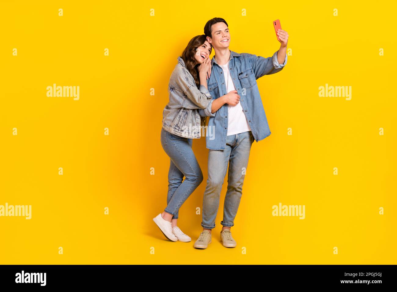 Full Length Photo Of Dreamy Cute Best Friends Dressed Denim Tacking