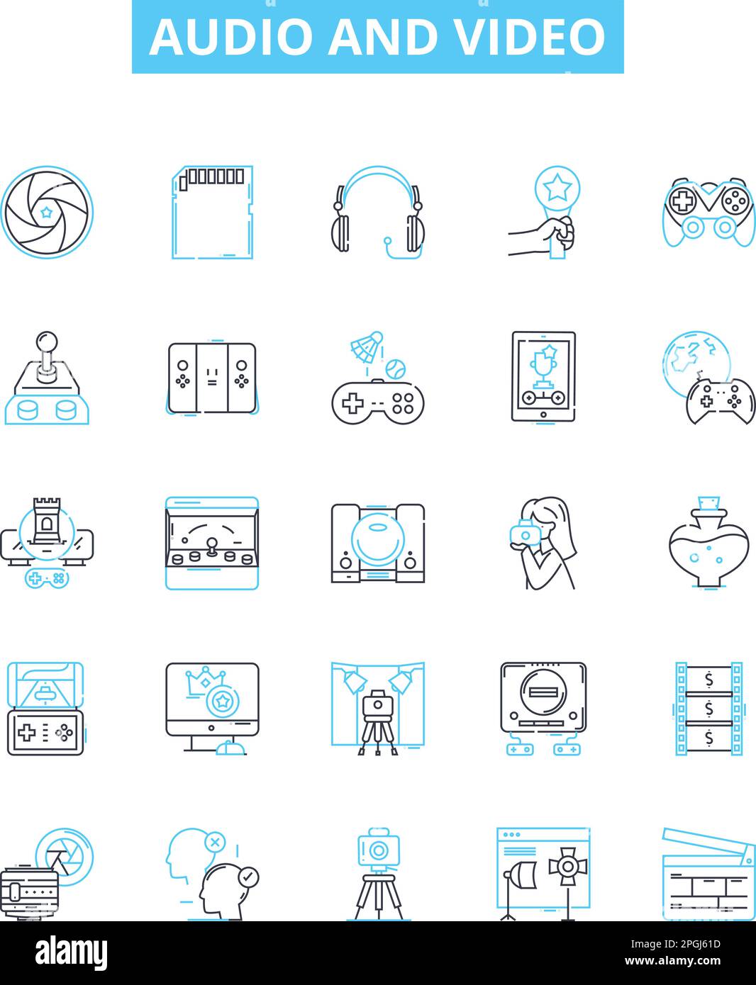 audio and video vector line icons set. Audio, Video, Sound, Music, Podcast, Radio, Broadcasting ...
