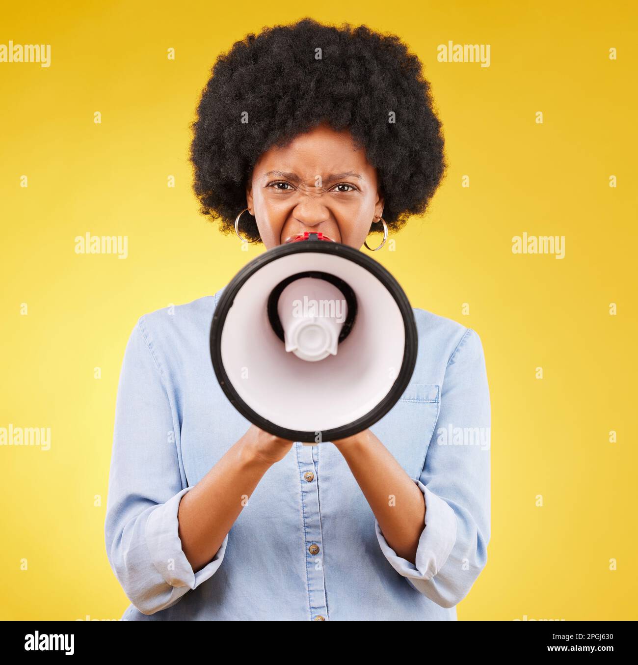 Megaphone announcement, portrait or angry black woman protest for ...