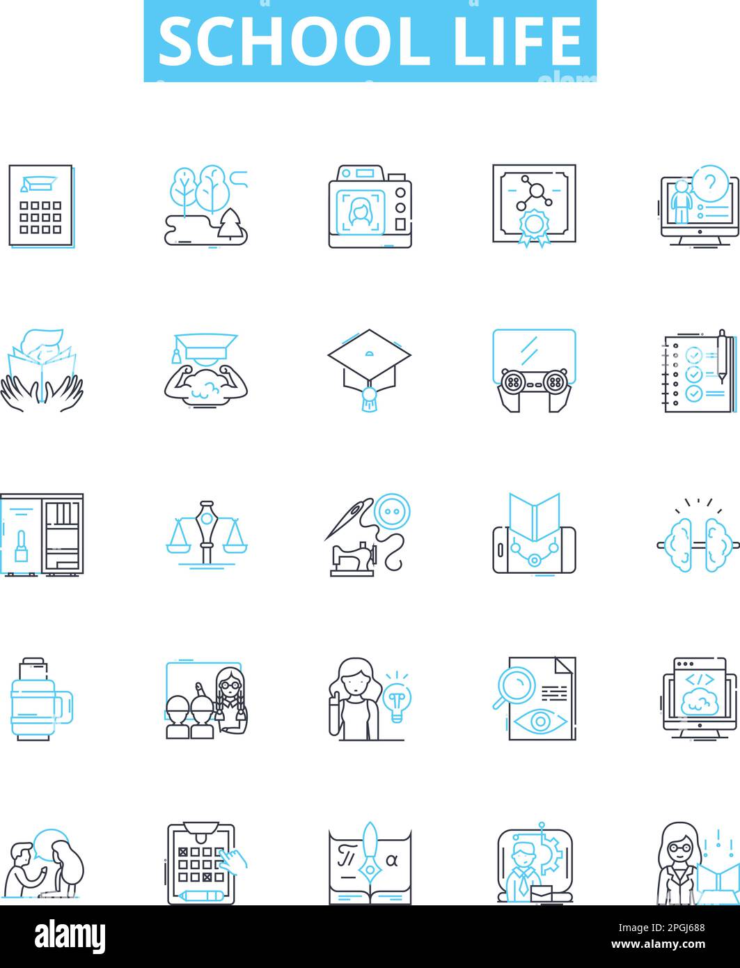 School life vector line icons set. learning, friends, education ...