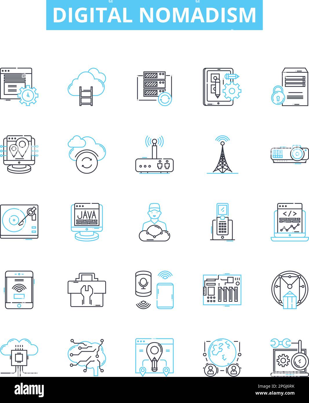 Digital nomadism vector line icons set. Remote, Working, Digital ... Digital nomadism vector line icons set. Remote, Working, Digital ...
