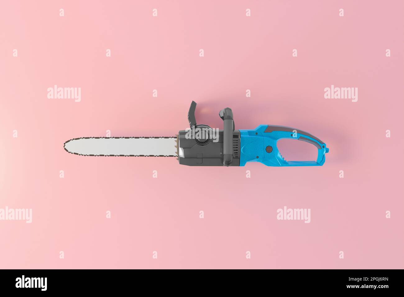 A sharp hand saw with a chain lies isolated on a flat pink background ...