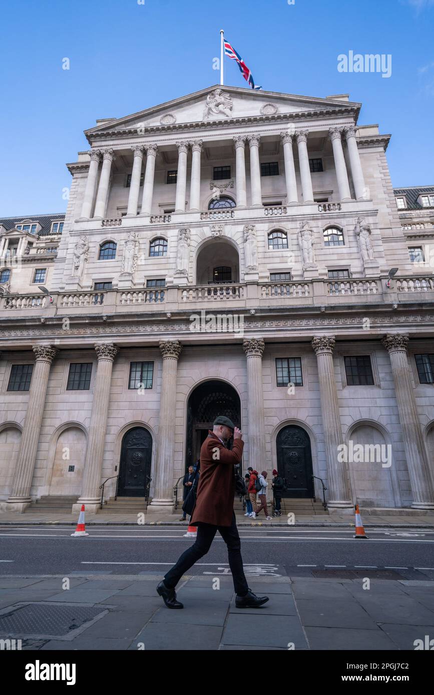 London, UK 23 March 2023. A view of the Bank of England rom 4% to 4.25% ...