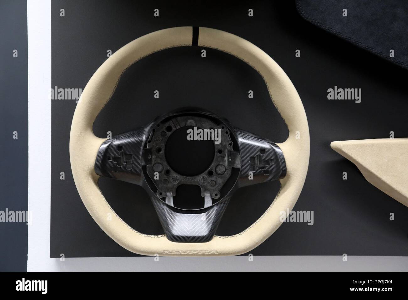 Rimac Nevera steering wheel is pictured on an assembly line producing ...