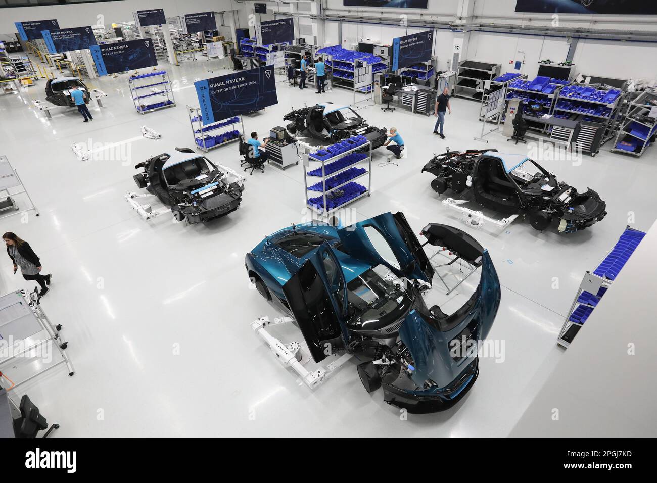 Employees working on an assembly line producing Electric Hyper car ...