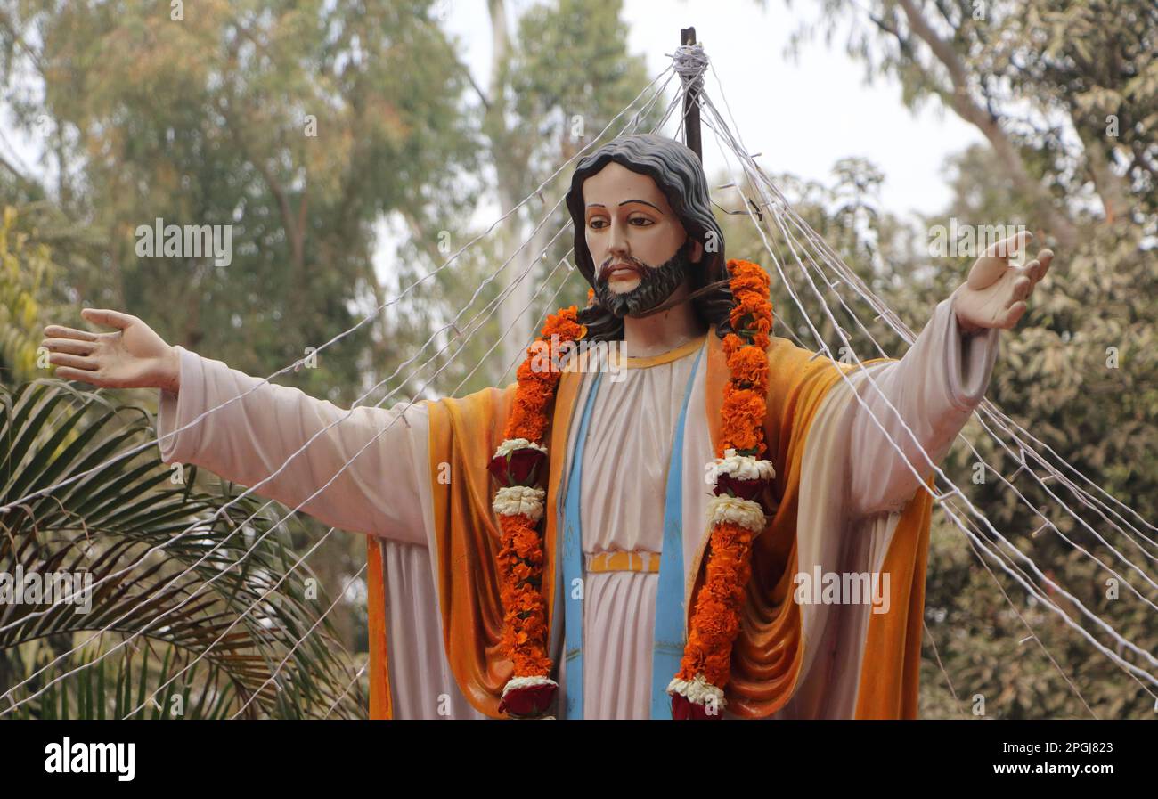 Statue of Jesus with arms extended at a St Francis Church in Dehradun ...