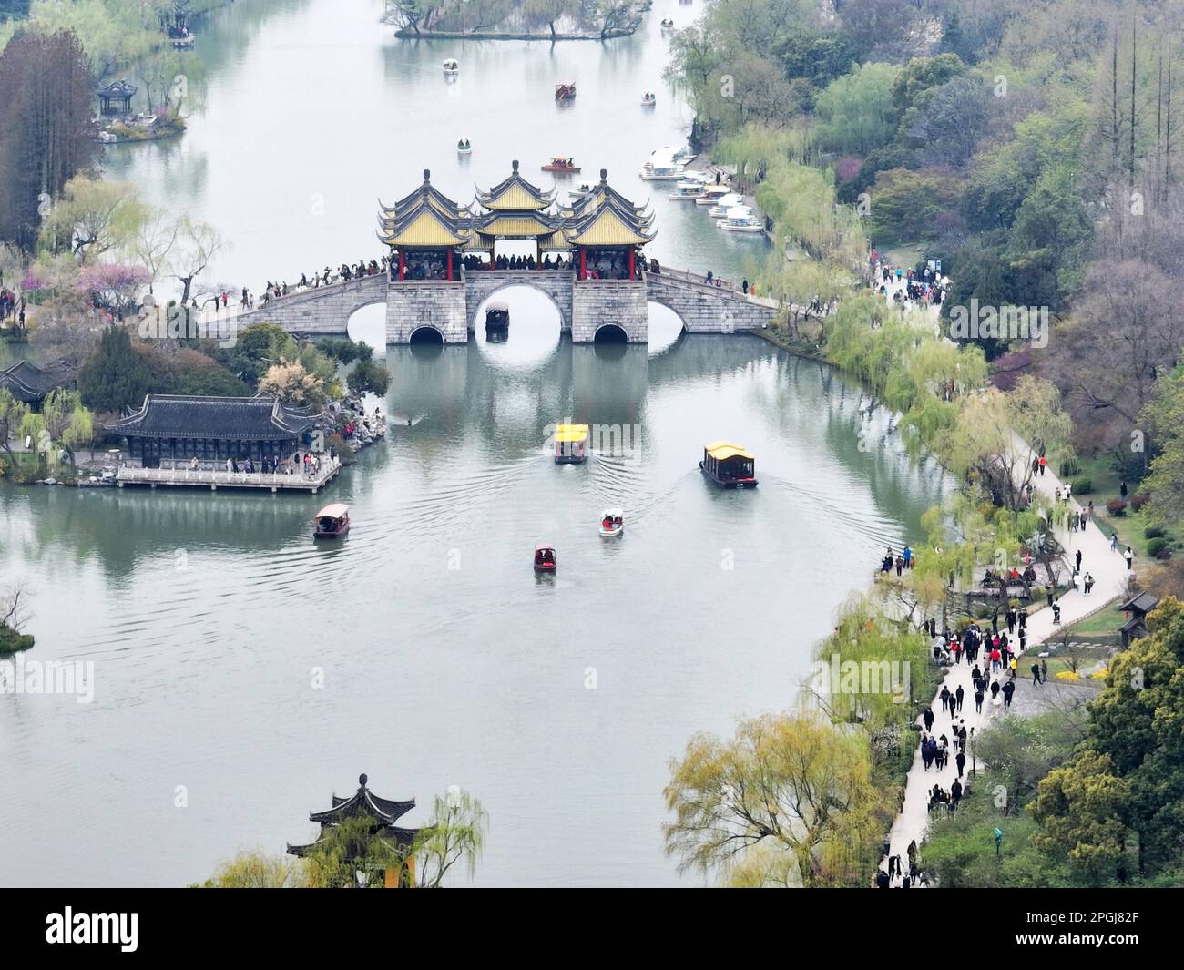 Aerial photo shows tourists enjoying spring scenery in the Slender West ...