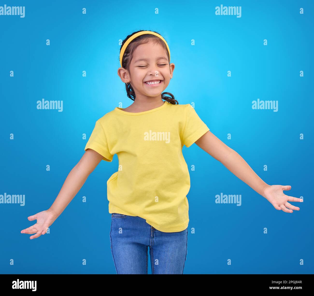 Mockup, excited and girl with smile, space and celebration against blue ...