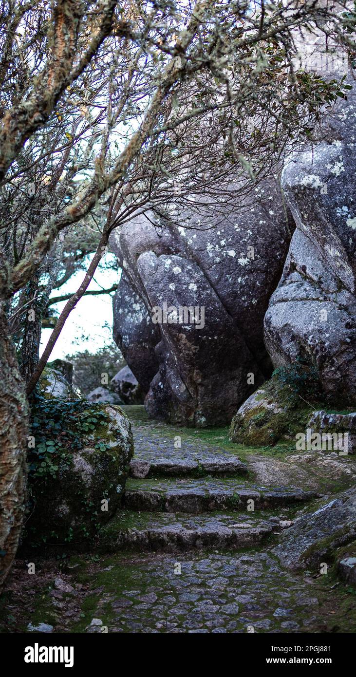 A scenic view of a rugged sandstone formation featuring a stepped path ...