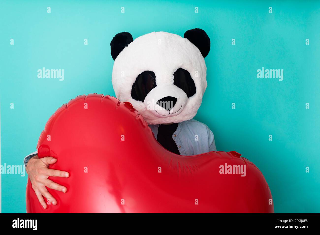 Funny man in panda mask hugging big red heart isolated on blue ...