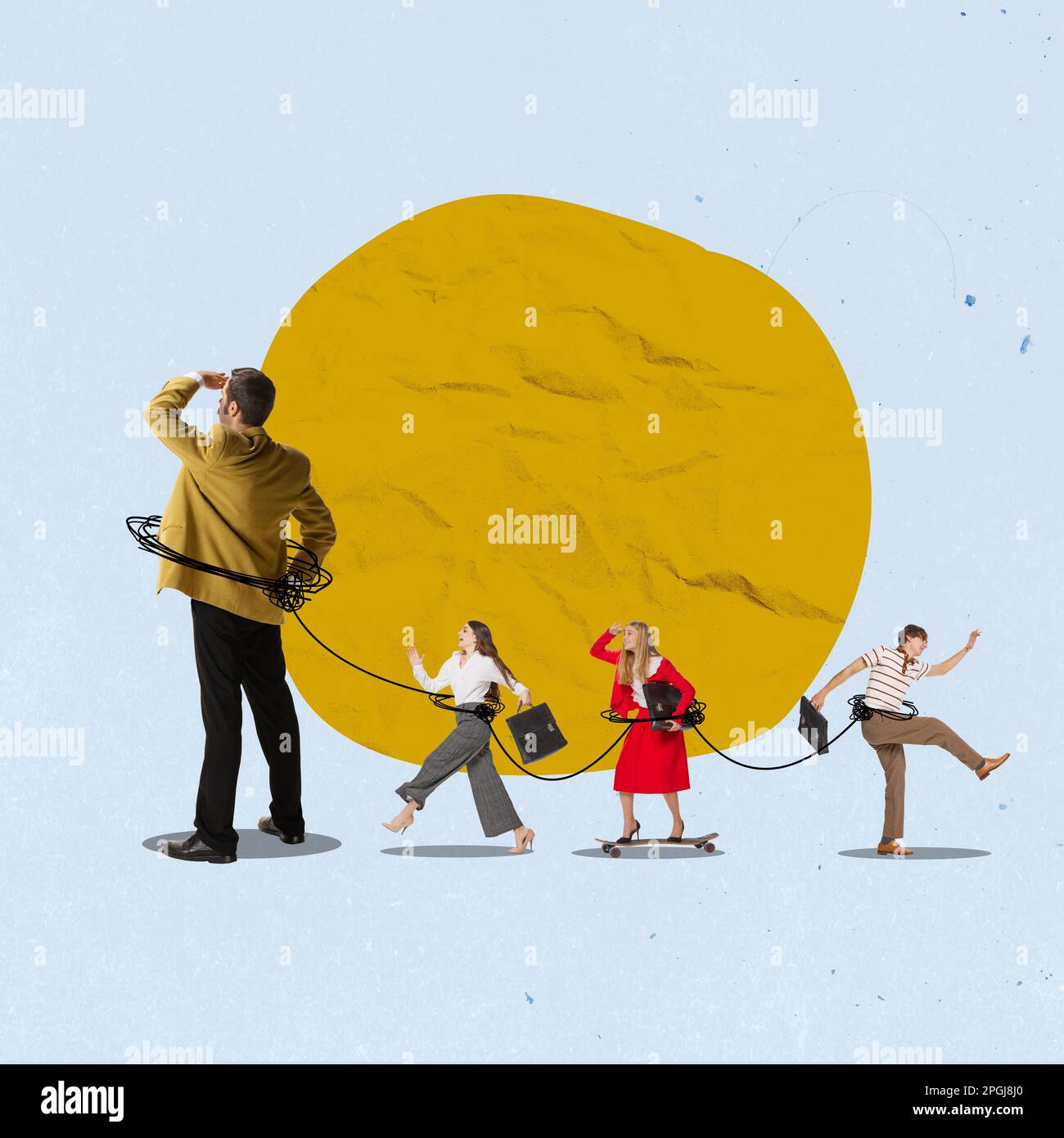 One way. Employees connected with string, working on project together ...