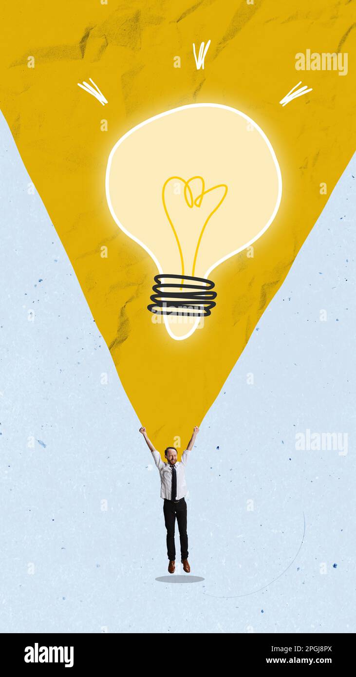 Happy man in formal wear, office worker with light bulb over head ...