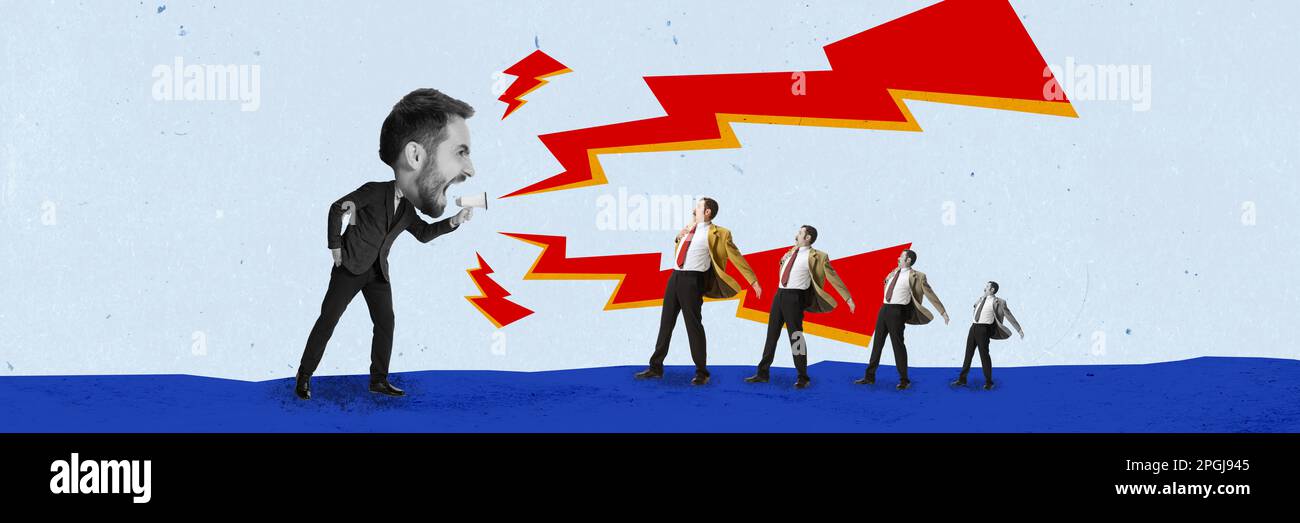 Angry businessman, team leader shouting at employee in megaphone ...