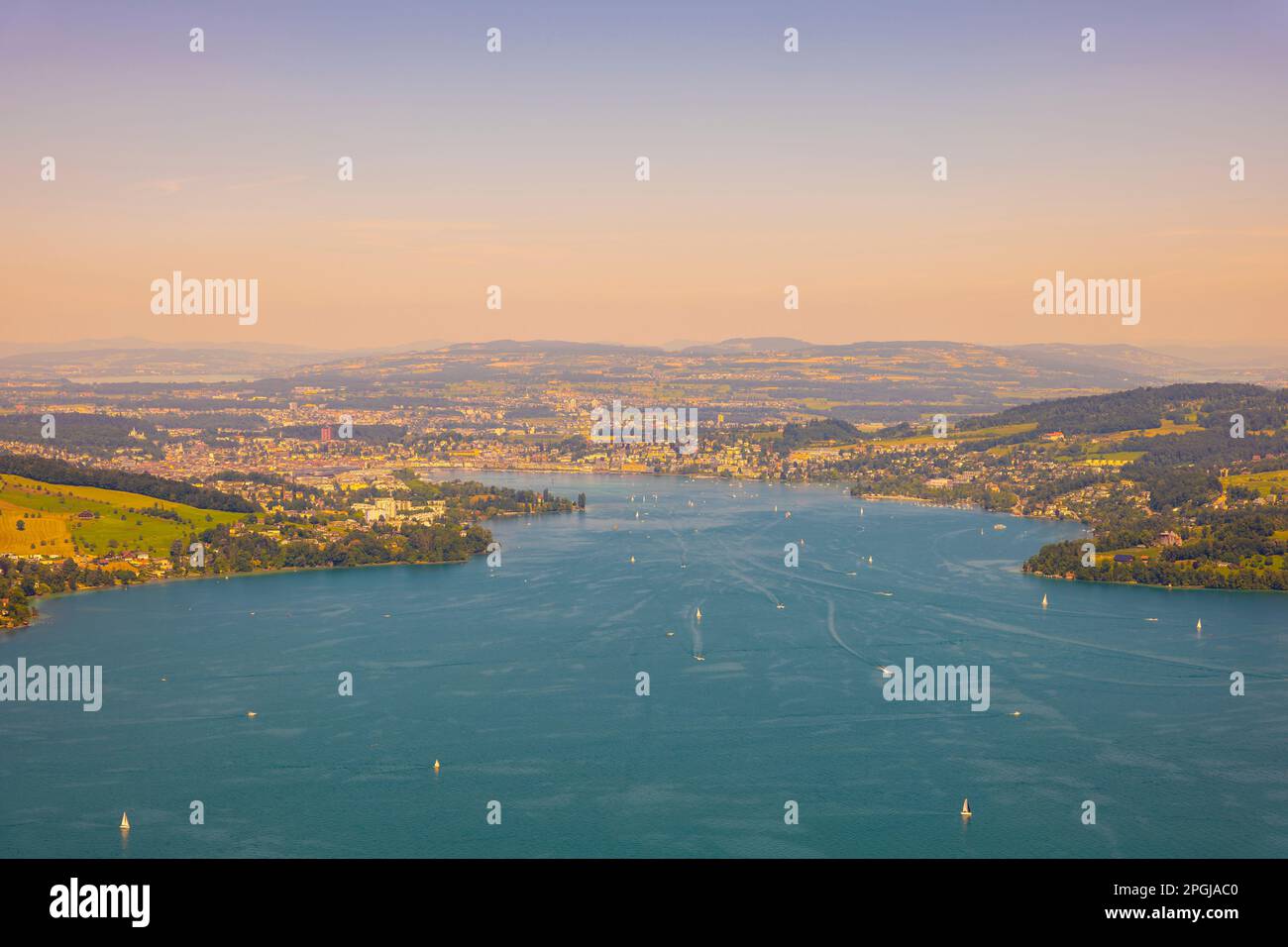 Aerial View over City of Lucerne and Lake Lucerne and Mountain in ...