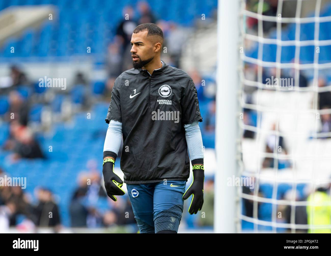 Brighton’s number 1 goalkeeper Robert Sanchez warms up before playing ...