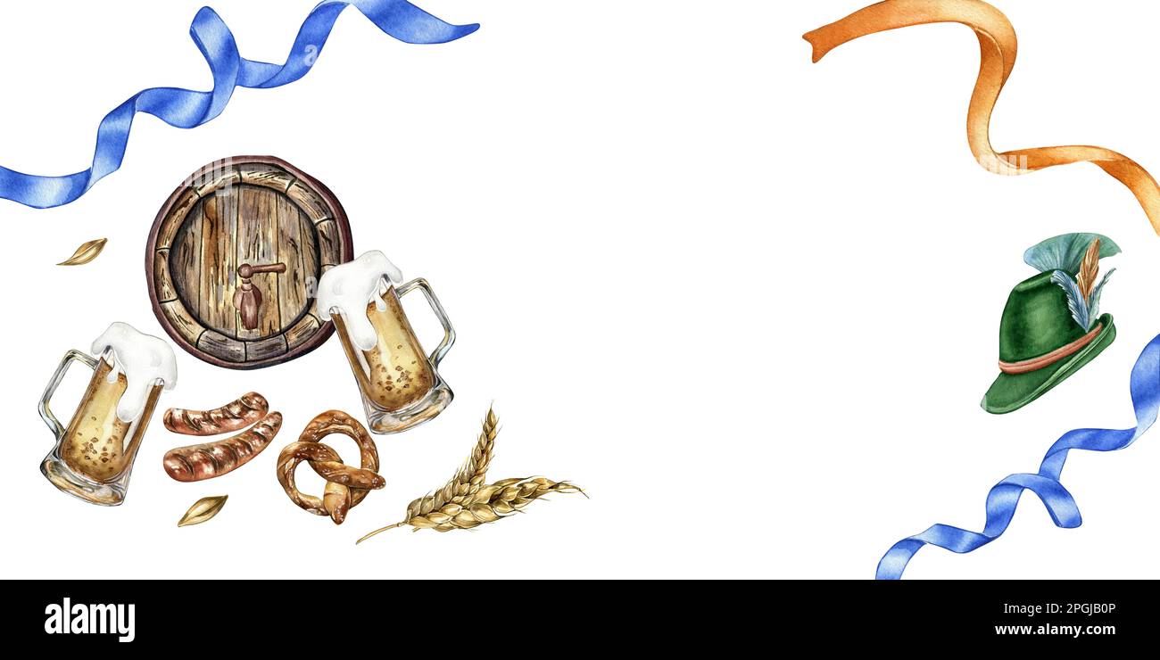 Wooden Barrel Pint Beer Pretzel Watercolor Illustration Isolated On