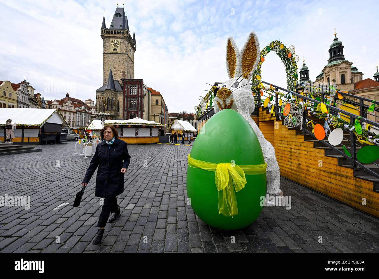 Prague, Czech Republic. 23rd Mar, 2023. Easter market preparation in Old Town Square in Prague ...