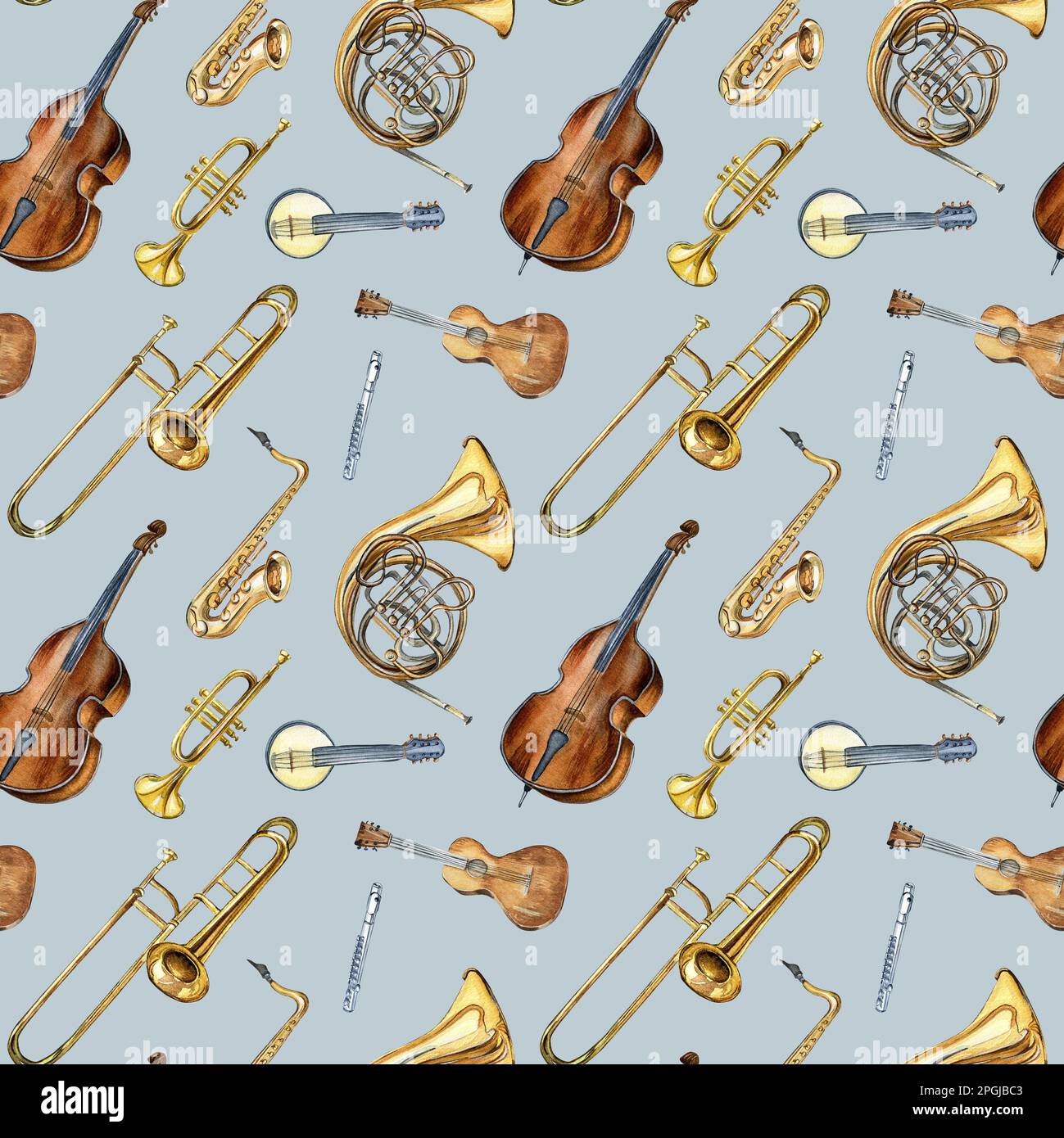 Musical instruments seamless pattern watercolor isolated on blue ...
