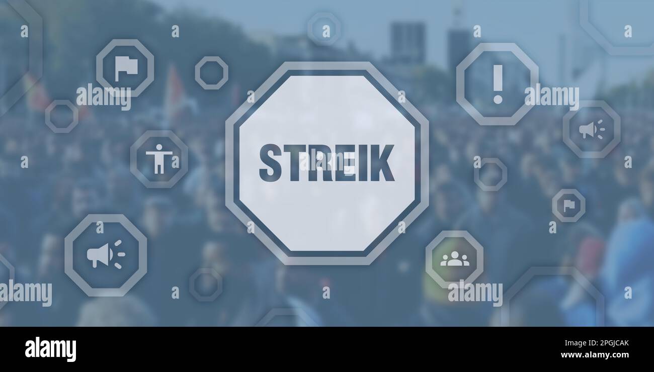 Graphic as a symbol image for a strike with icons and a photo of a ...