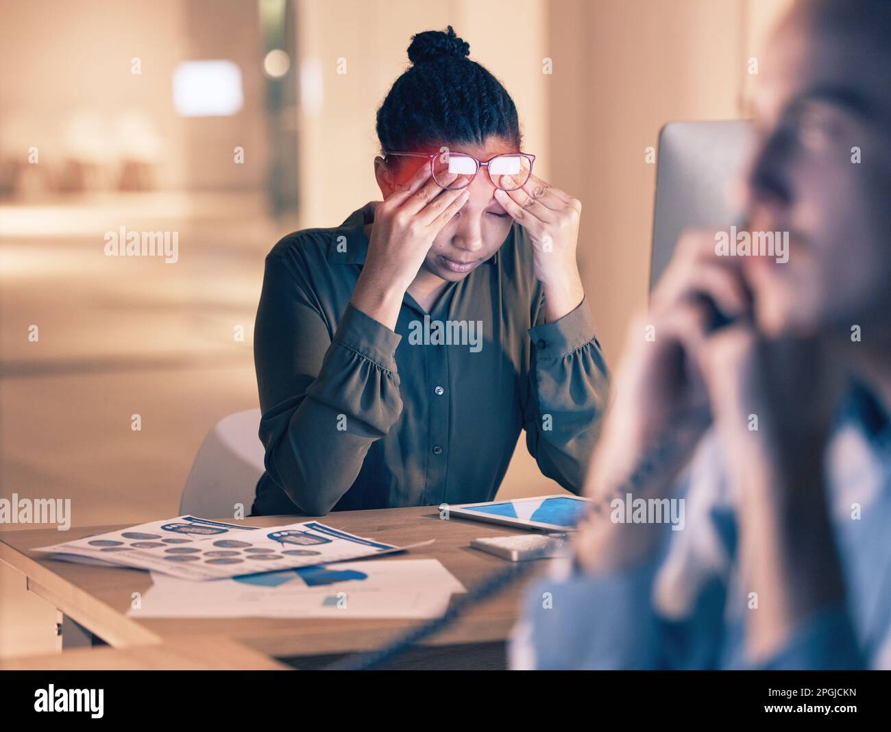 Business woman, headache and computer in stress, burnout or suffering ...