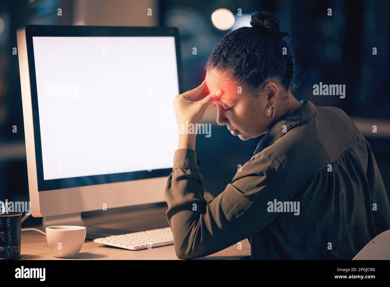 Woman, headache and computer mockup screen in stress, burnout or ...