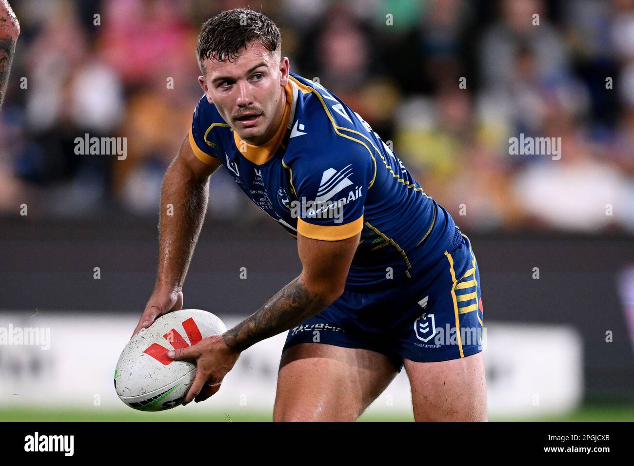 Brendan Hands of the Eels looks to pass the ball during the Round 4 NRL ...