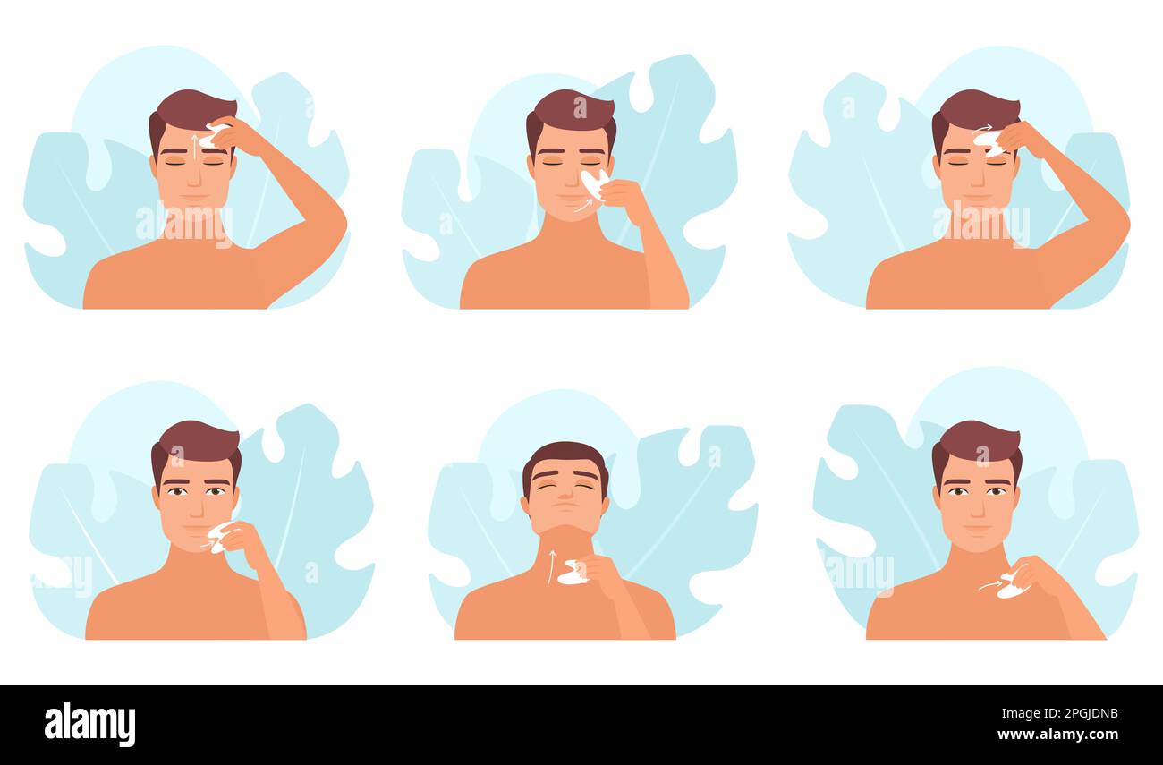 Gua Sha Facial Massage Infographic Set Vector Illustration Cartoon Male Characters Massaging