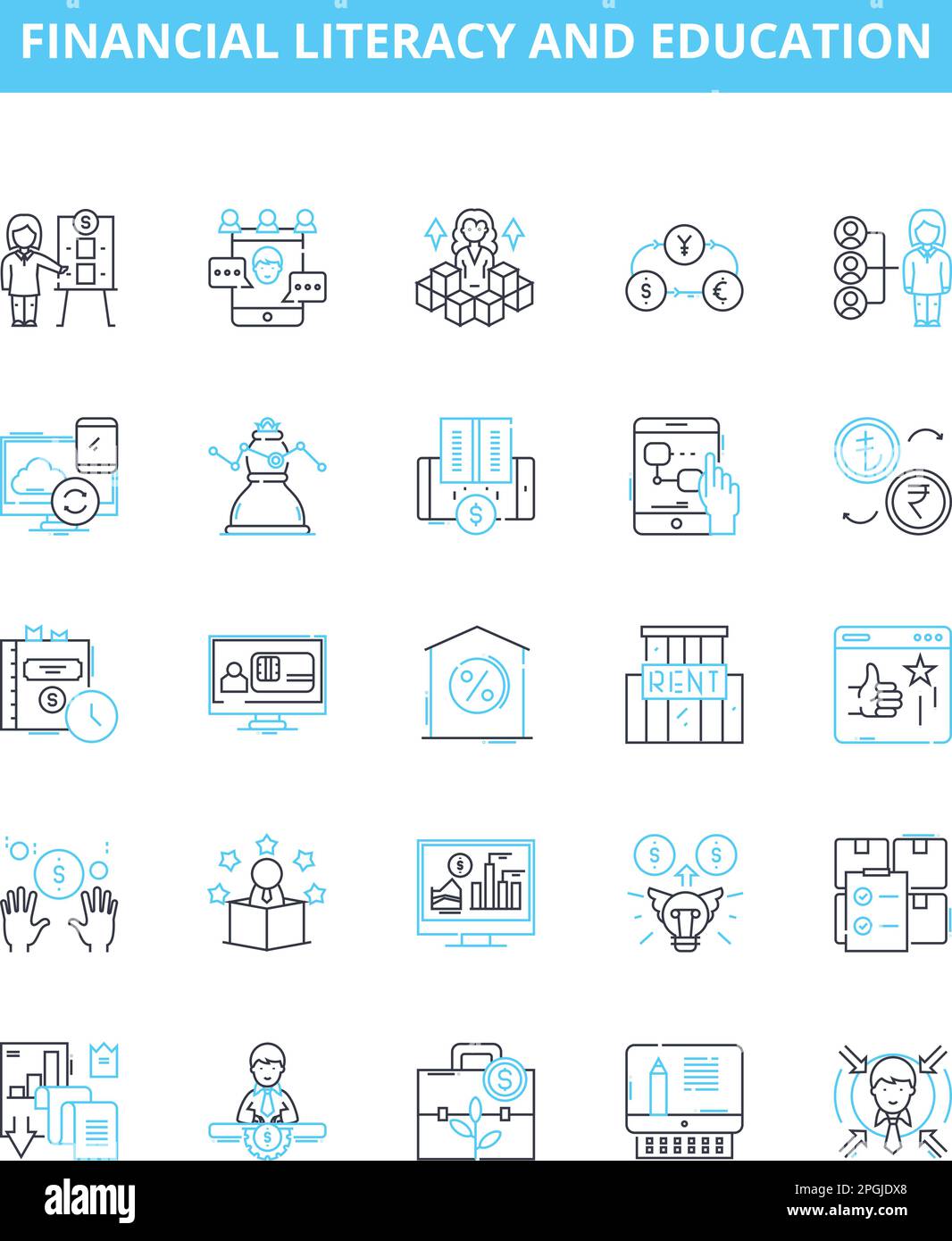 Financial literacy and education vector line icons set. Financial ...