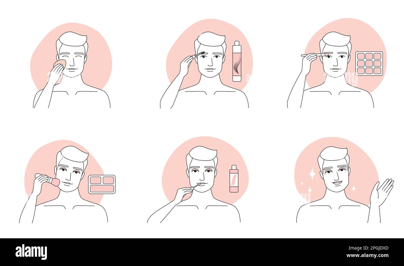Makeup for man set vector illustration. Thin line portrait of handsome ...