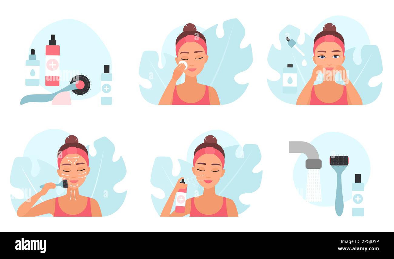 Roller massage guide steps for aging skin vector illustration. Cartoon ...