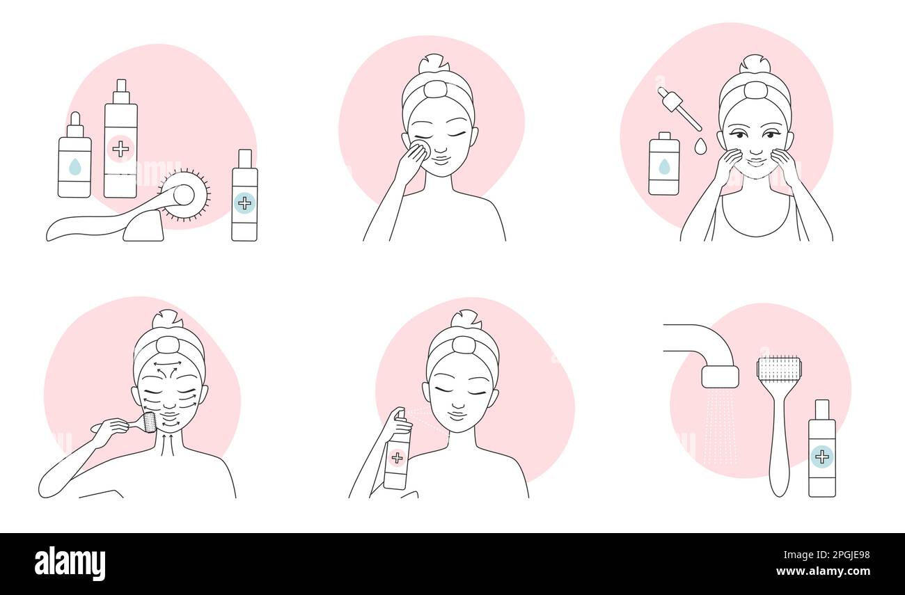 Dermaroller massage guide, microneedling thin line icons set vector ...