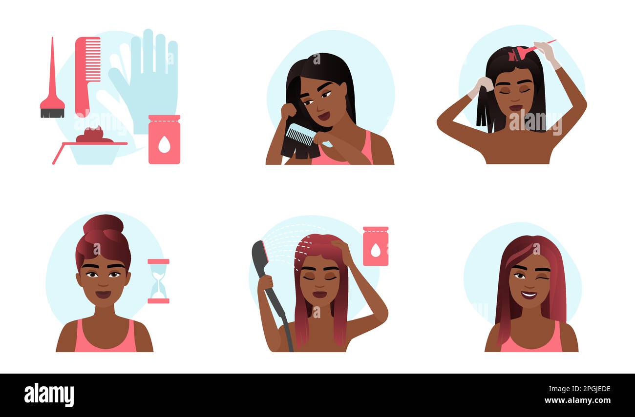 Cartoon steps of hair coloring process for woman at home, dark skin ...