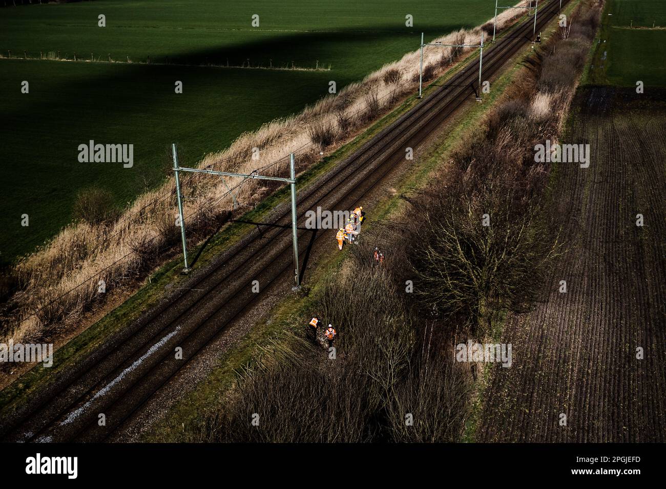 ESCH - A drone photo of ProRail employees at work on the track in Esch ...