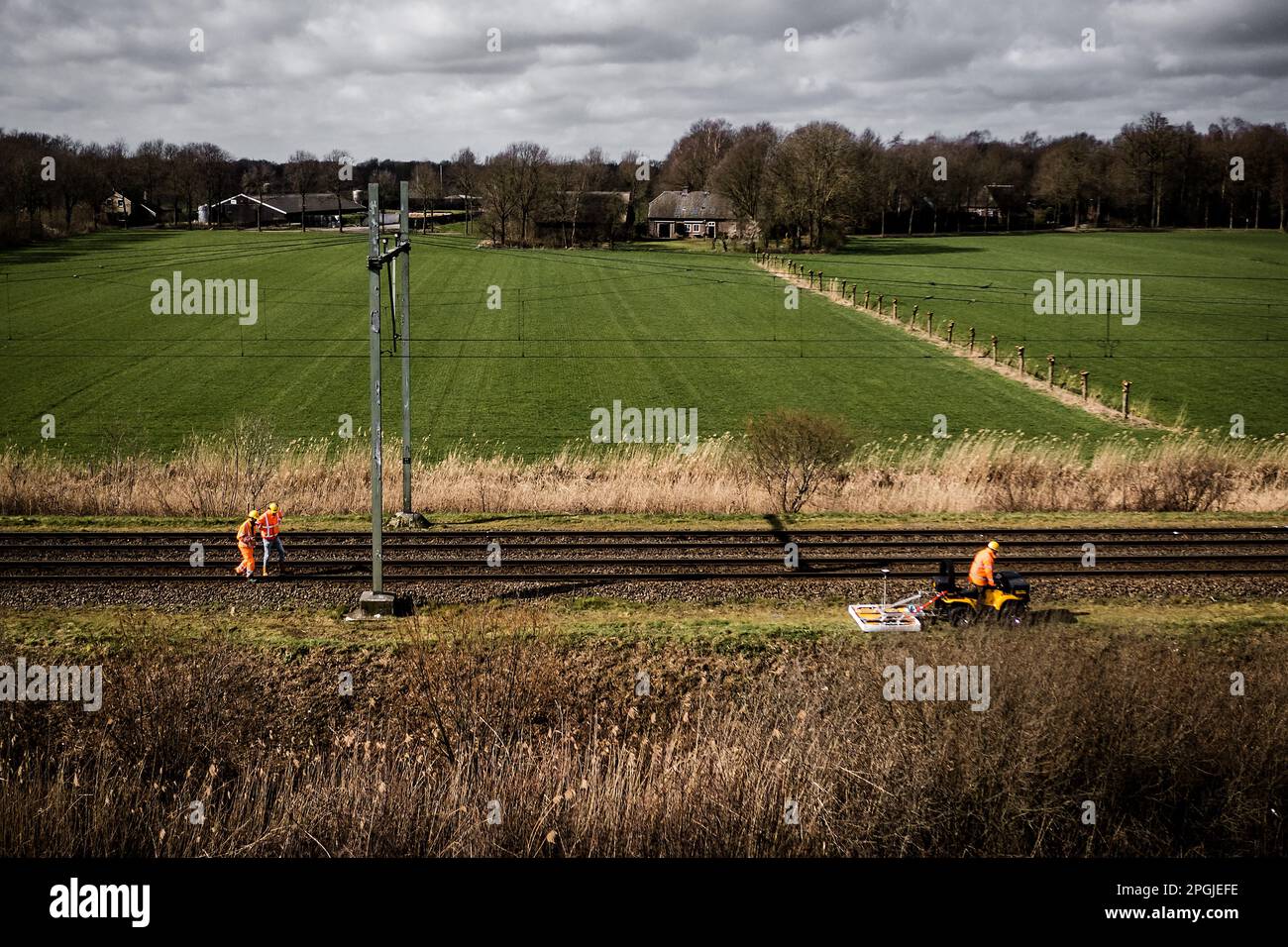 ESCH - A drone photo of ProRail employees at work on the track in Esch ...