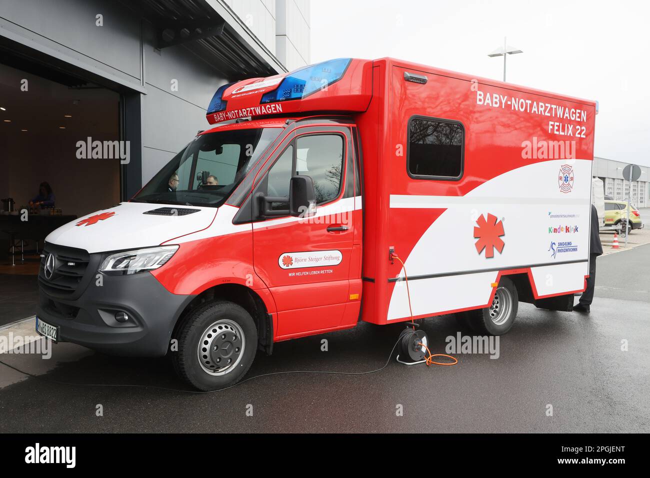 Jena, Germany. 23rd Mar, 2023. An emergency ambulance for babies stands ...