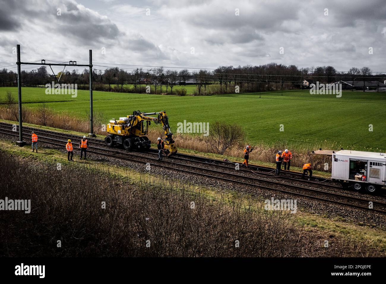 ESCH - A drone photo of ProRail employees at work on the track in Esch ...