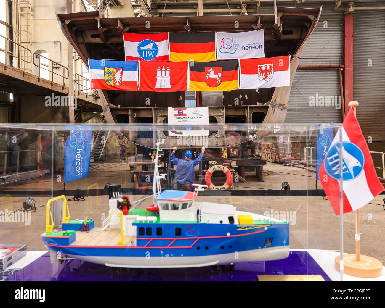 23 March 2023, Schleswig-Holstein, Lauenburg: The first section of the research vessel "Coriolis ...