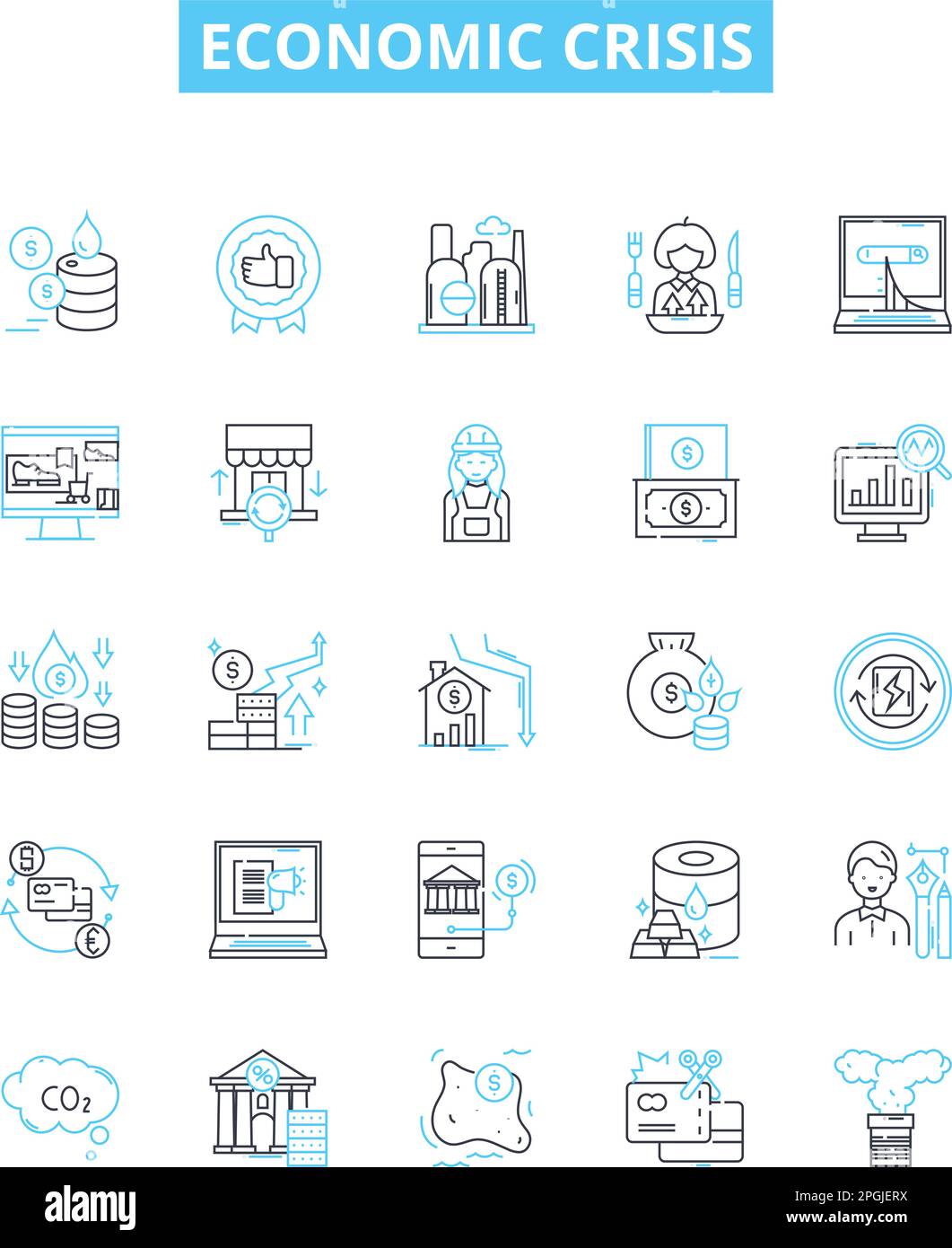 Economic crisis vector line icons set. Economy, Crisis, Recession, Inflation, Deflation ...