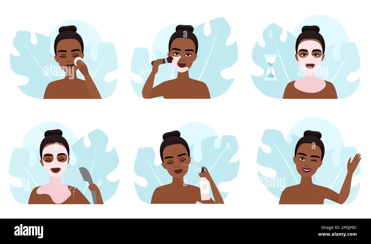 Skin care set vector illustration. Cartoon dark skin girl use cotton ...
