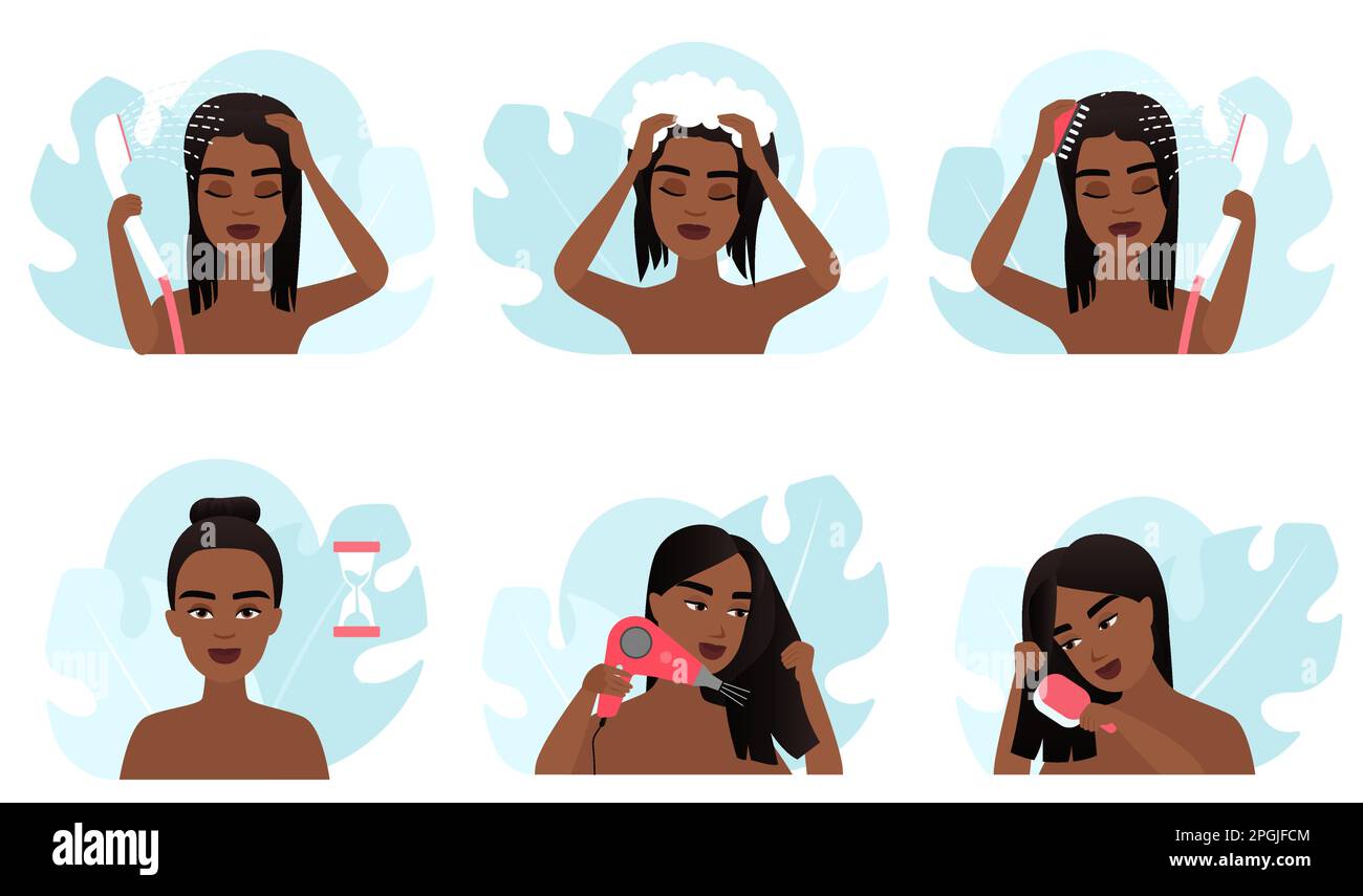 Hair care and treatment steps with oil application trendy flat icons ...