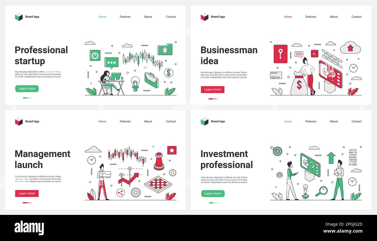 Investment in professional startup, launch of financial project and strategy ideas set vector ...