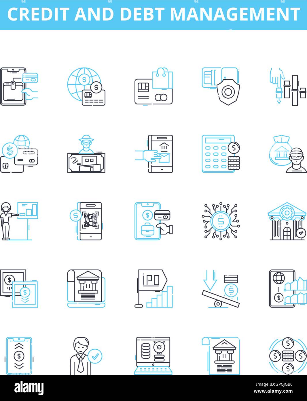 Credit and debt management vector line icons set. Credit, Debt, Management, Budgeting, Loans ...