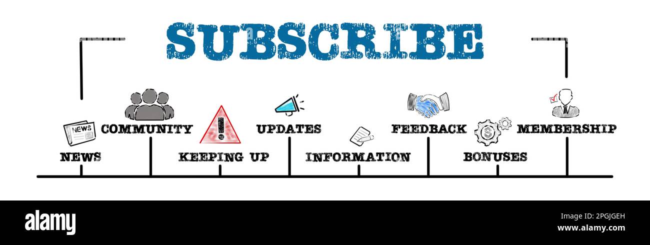 SUBSCRIBE Concept. Illustration with keywords and icons. Horizontal web ...